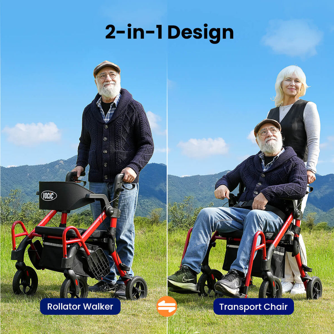 VOCIC Z55 2 in 1 Rollator Transport Chair, Walker Wheelchair Combo ...